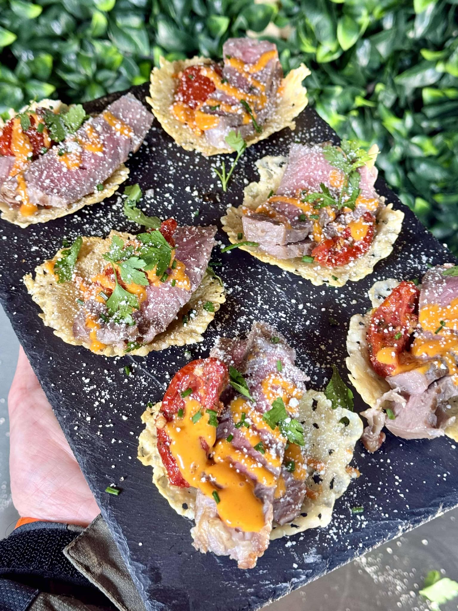 Ribeye Steak Served on Parmesan Shells with Sriracha and Sun-Dried ...